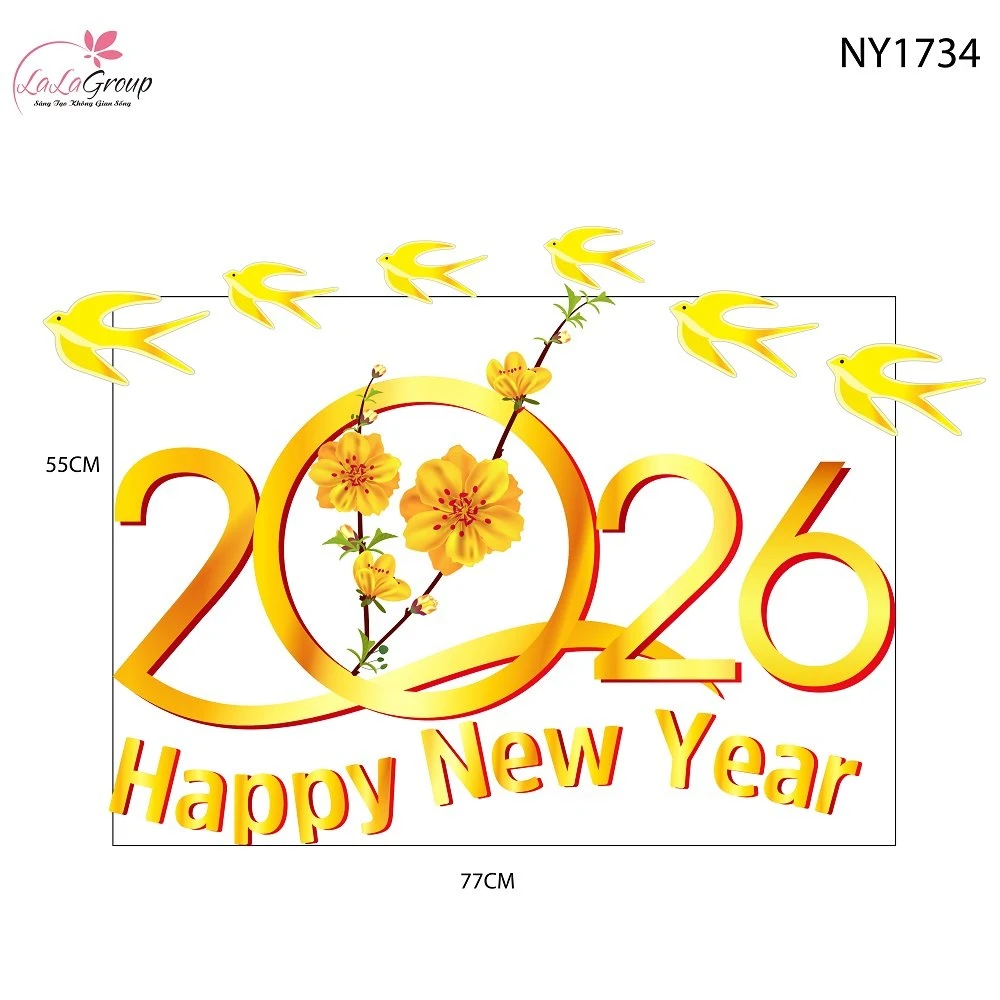 Decal Trang Trí Tết Happy New Year 2026 Và Én Vàng Đón Xuân