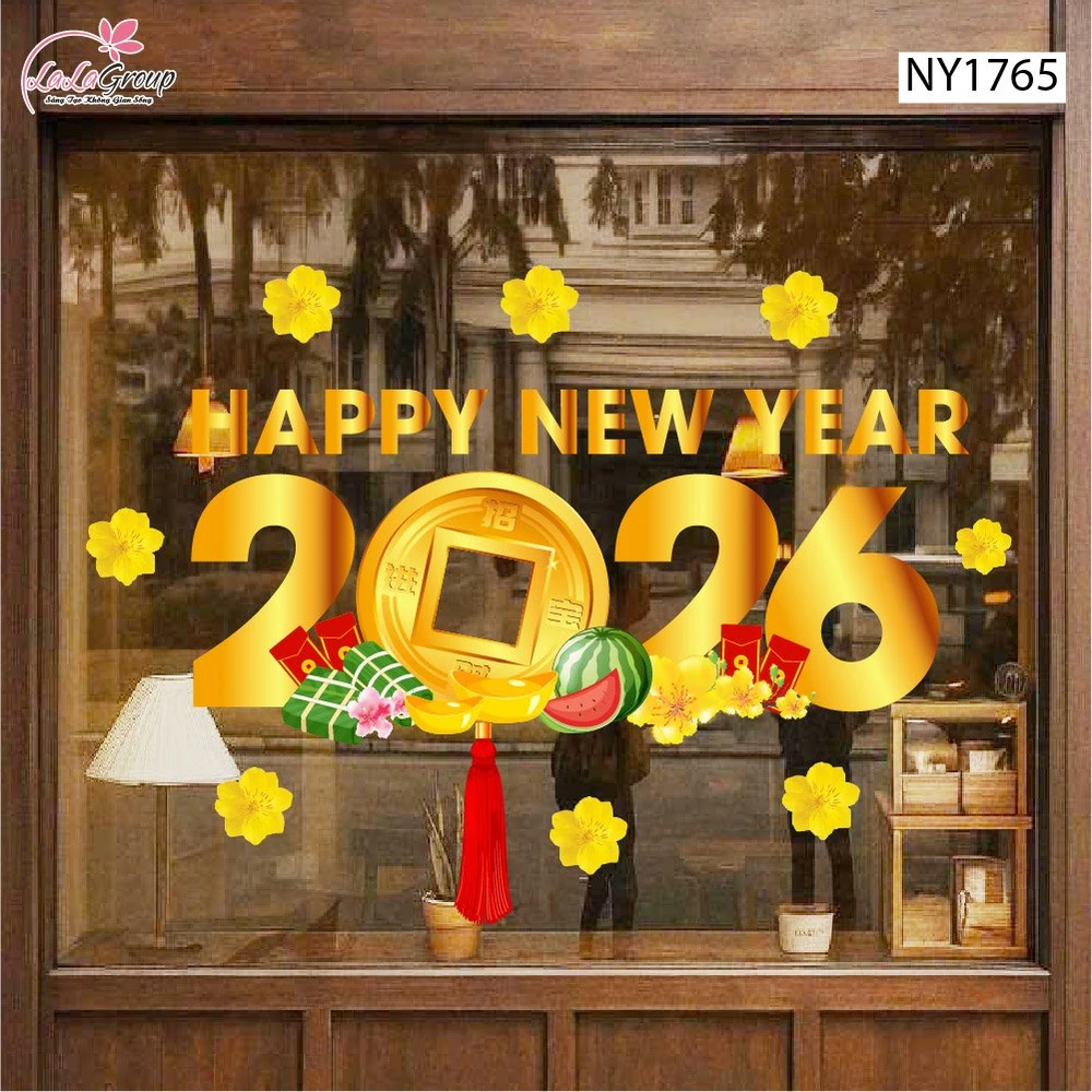 Decal Trang Trí Tết Happy New Year 2026 Thịnh Vượng Sum Vầy