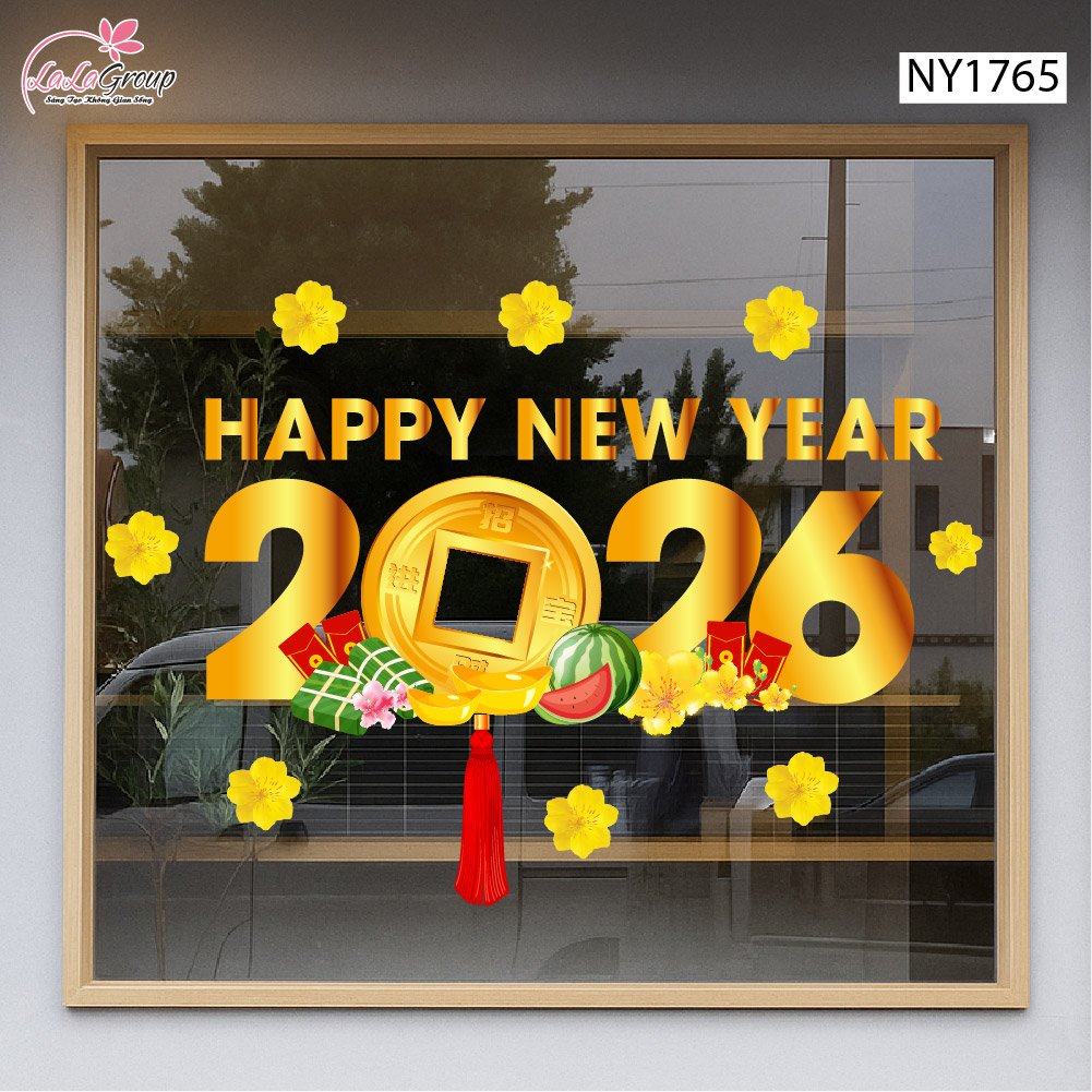 Decal Trang Trí Tết Happy New Year 2026 Thịnh Vượng Sum Vầy