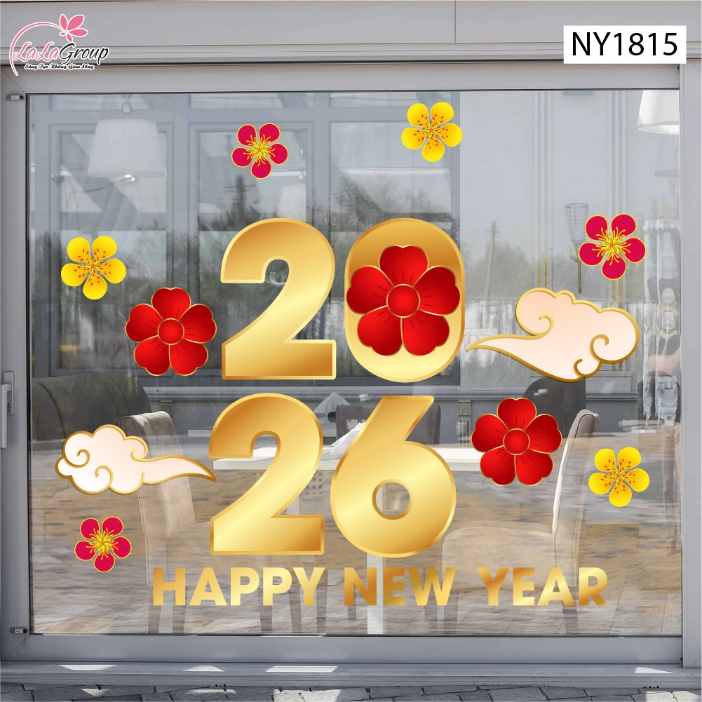 Decal Trang Trí Tết Happy New Year 2026 Và Mai Đào Đón Xuân