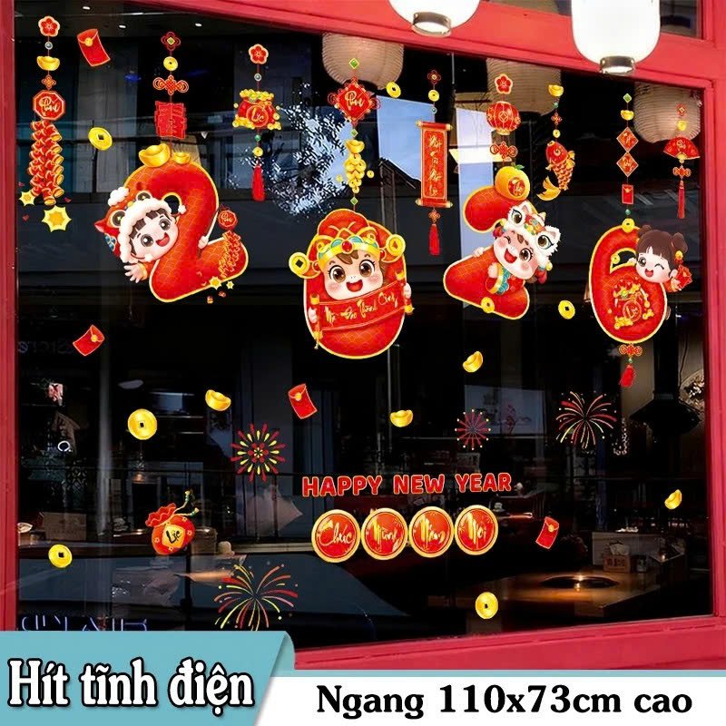 Decal 2 mặt tĩnh điện trang trí tết happy new year 2026